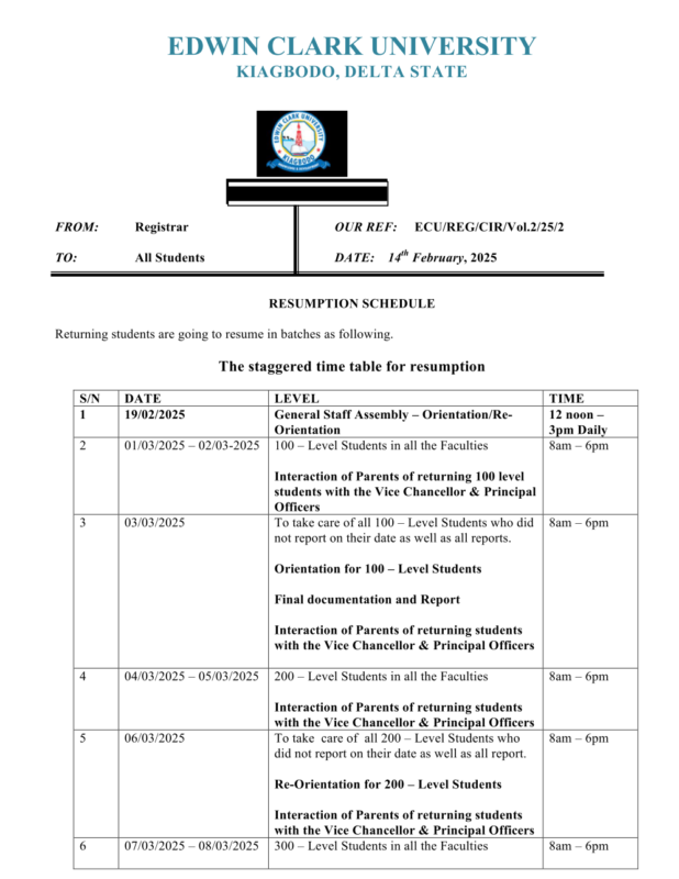 RESUMPTION NOTICE - edwinclarkuniversity